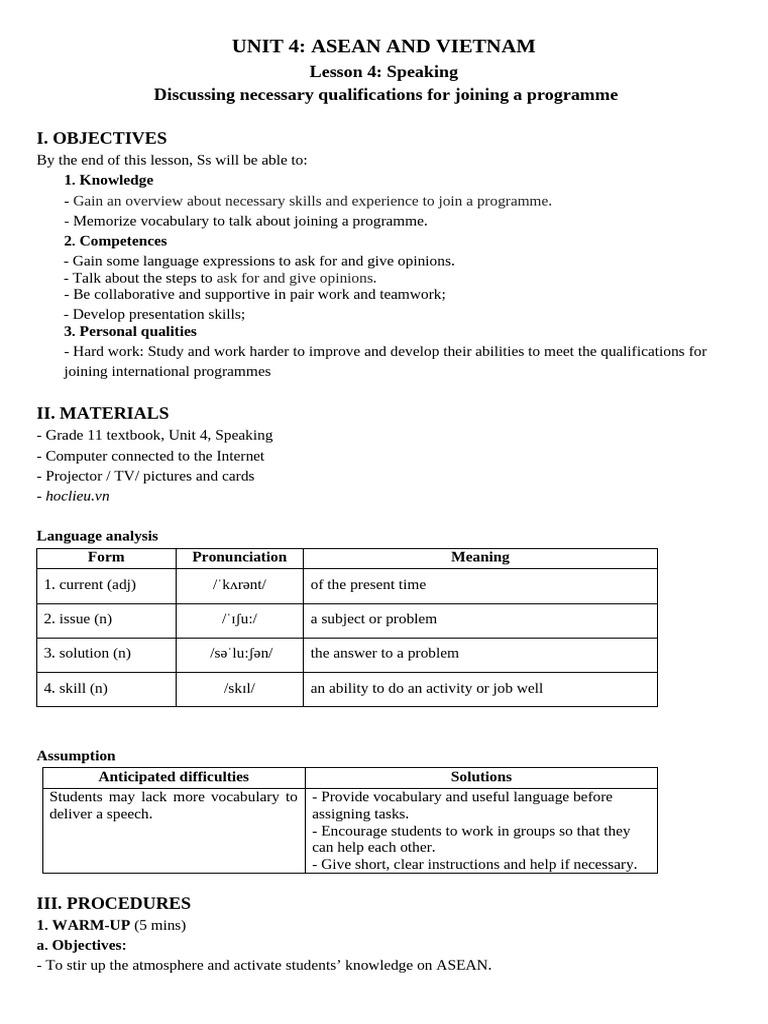 UNIT 4 - Speaking - English 11 | PDF