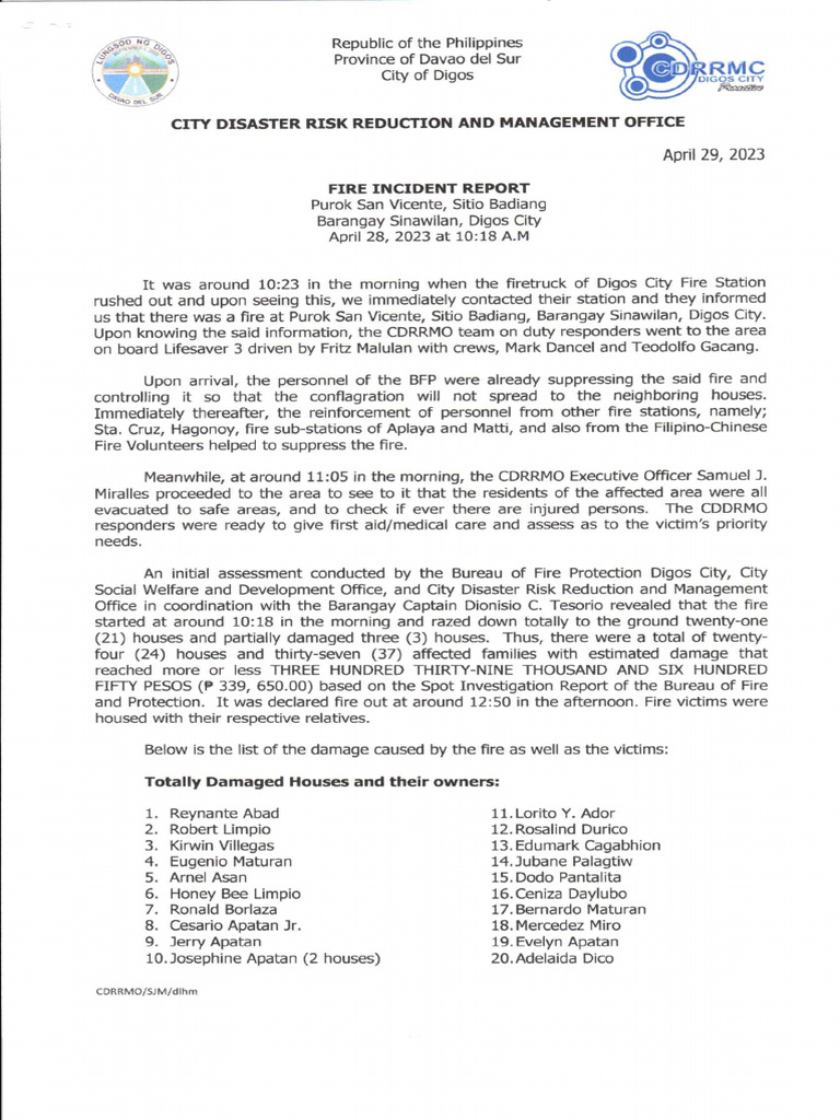 Fire Incident Report April 28, 2023 | PDF