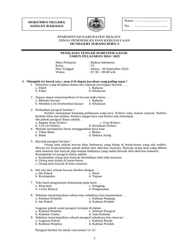 3.PTS 1 Kelas 6 Bahasa Indonesia | PDF