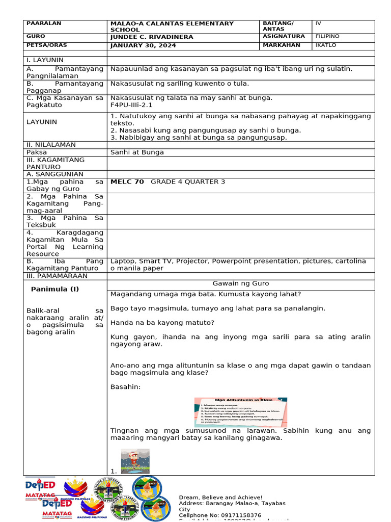 Cot 3 Filipino 4 Q3 Nakasusulat NG Talata Na May Sanhi at Bunga | PDF