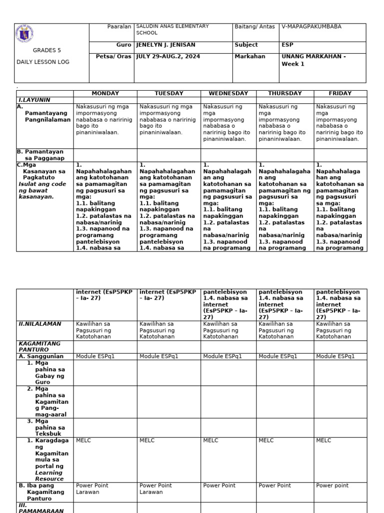 DLL Week 1 Esp | PDF | Philippines