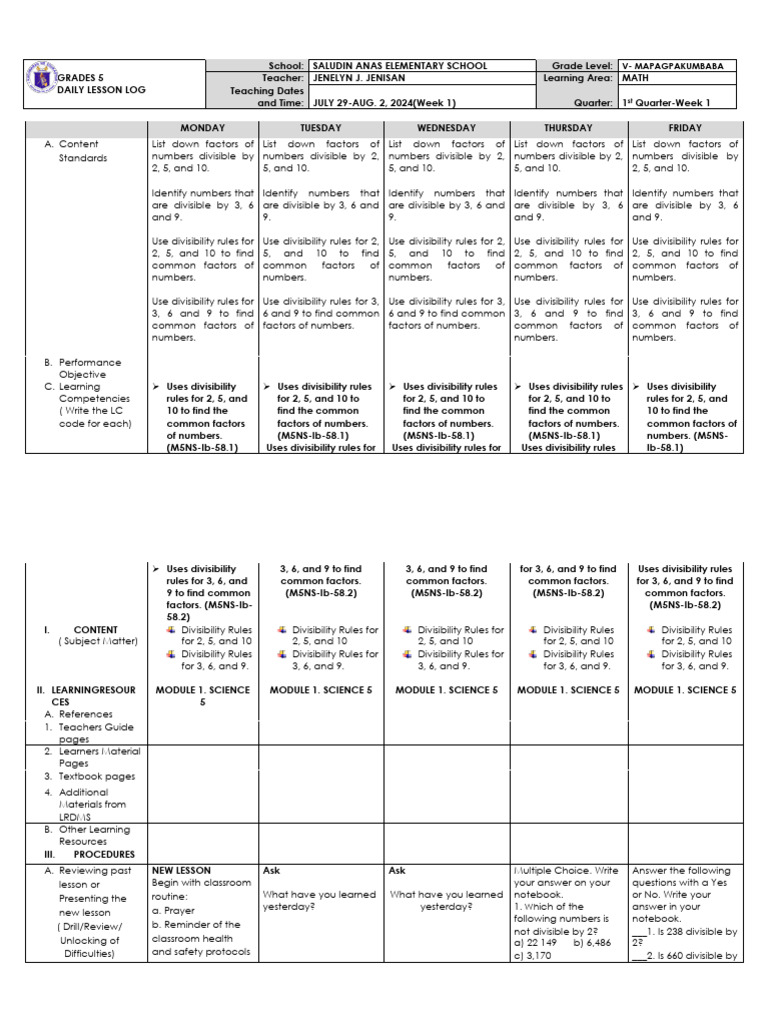 DLL Week 1 Math | PDF | Education Theory | Teaching