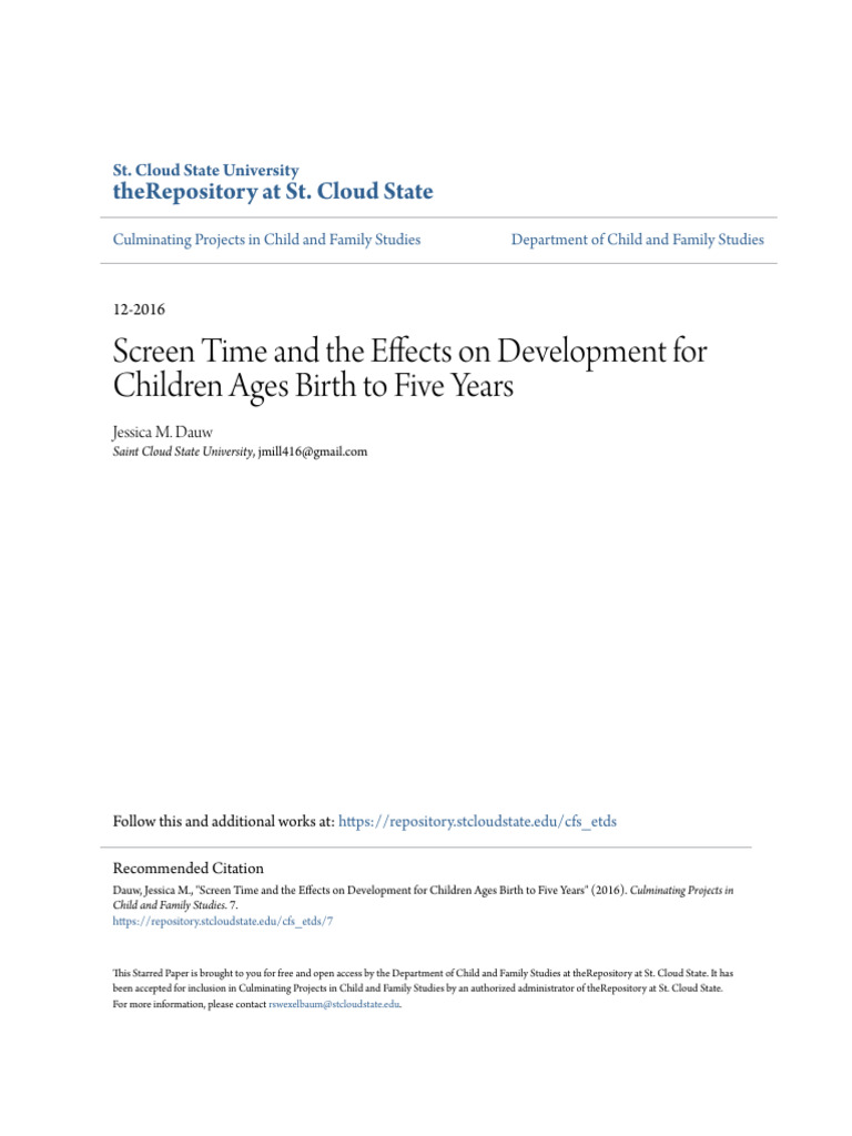 Screen Time and The Effects On Development For Children Ages Birt | PDF