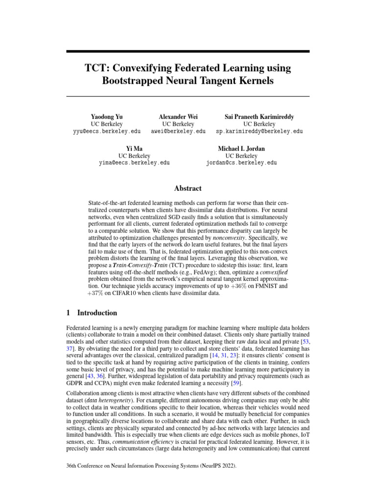 22-TCT - Convexifying Federated Learning Using Bootstrapped Neural Tangent Kernels | PDF