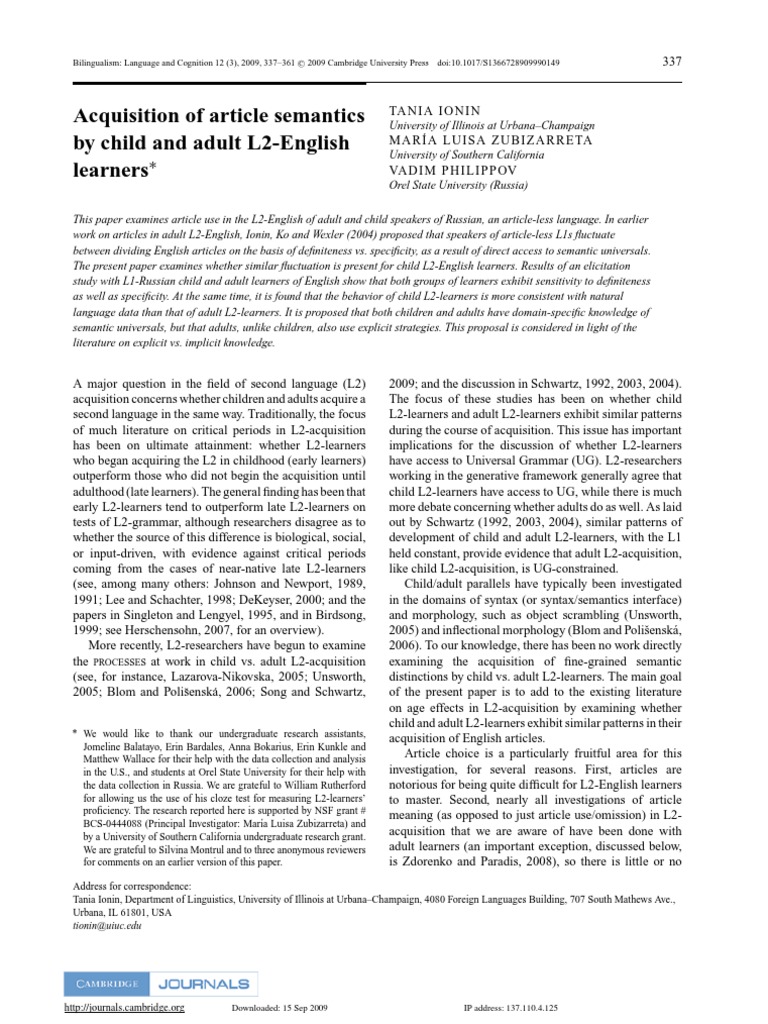 Acquisition of English Article Semantics by Child and Adult L2 Learners | PDF | Language ...