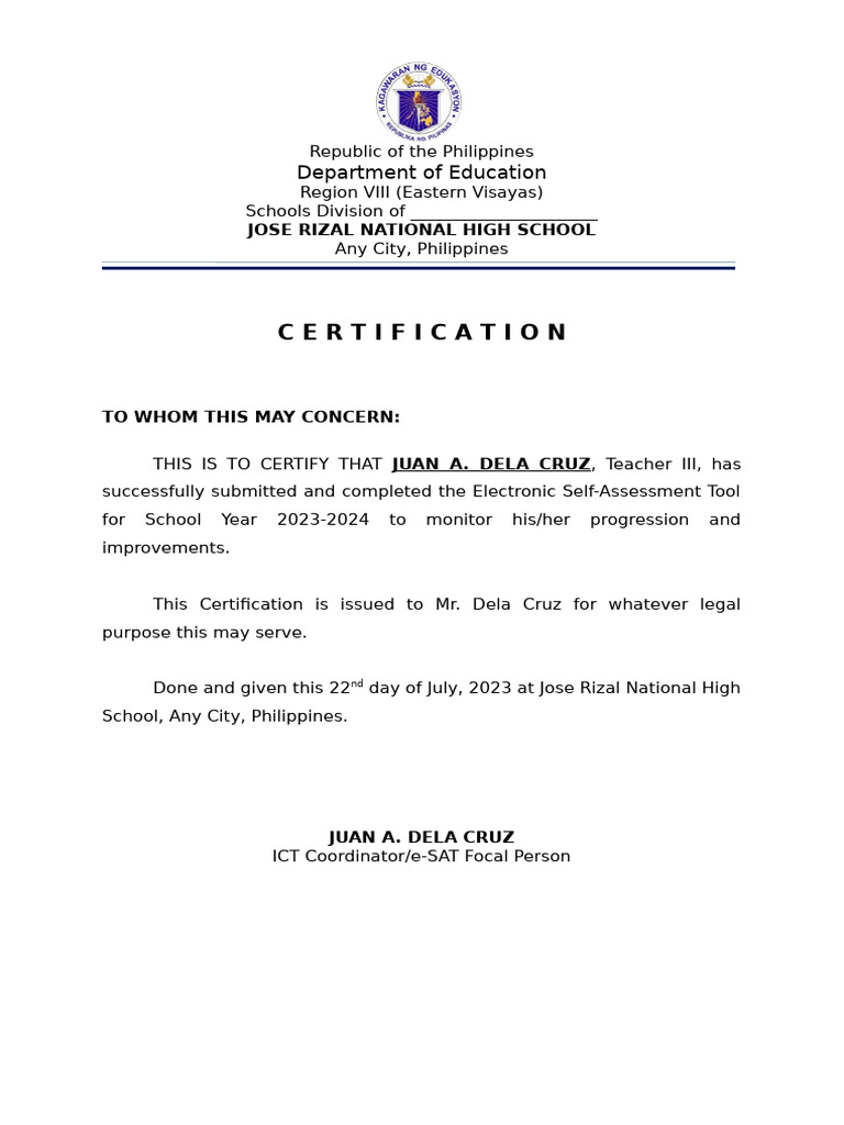 Editable ICT Certification for E-SAT | PDF