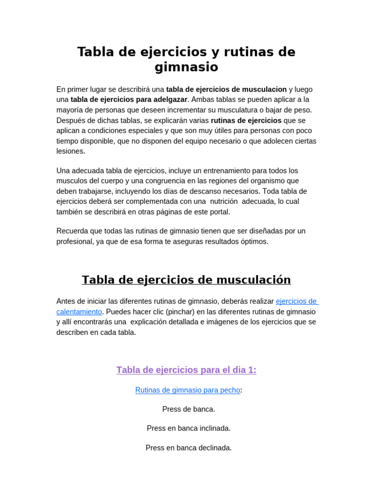 Tabla de Ejercicios y Rutinas de Gimnasio | PDF