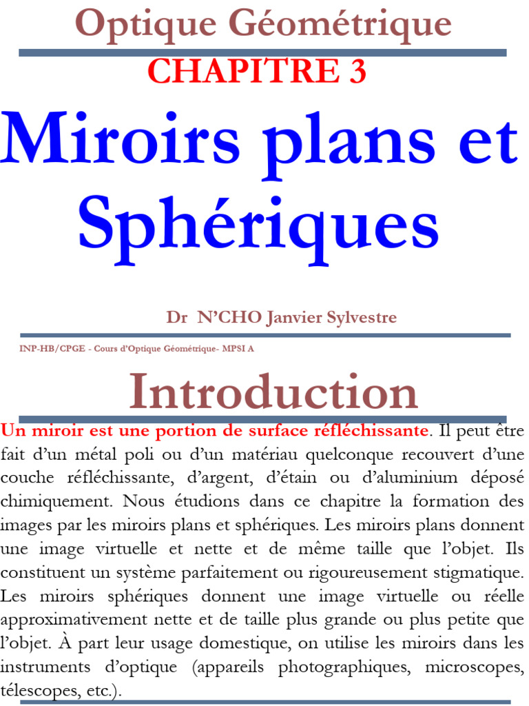 Optique Geometrique-Chapitre 3-Miroirs Plans Et Sphériques | PDF