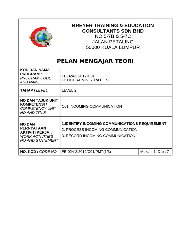 Pelan Mengajar Teori C01 1 | PDF