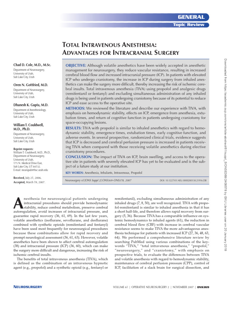 Tiva Advantages For Intracranial Surgery | PDF