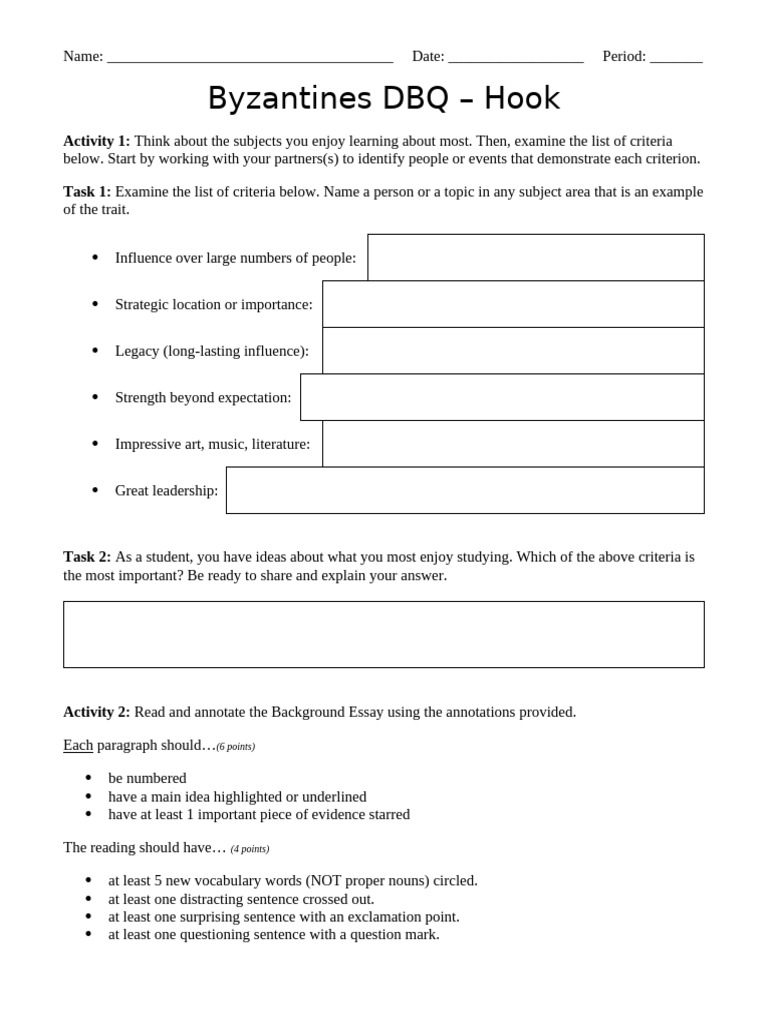 1.1 Byzantines DBQ - Hook BG and Intro | PDF