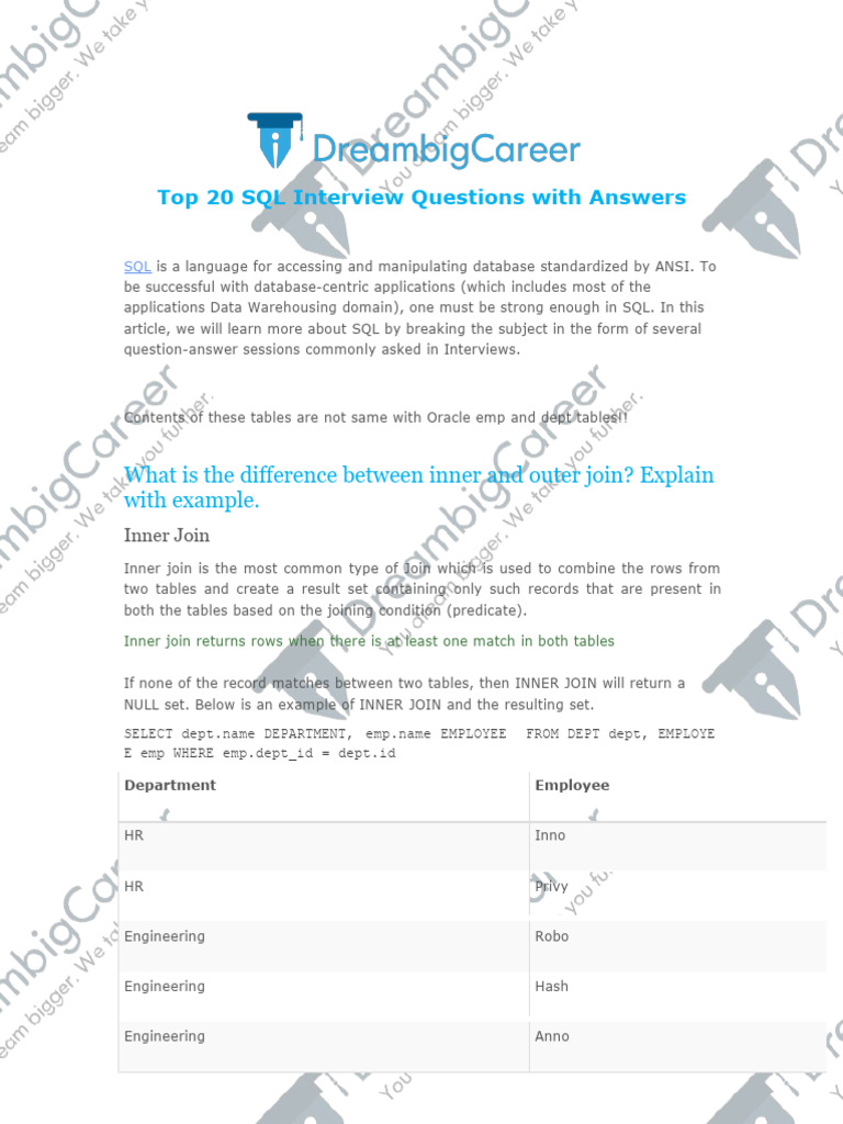 【SQL】Top 20 SQL Interview Questions with Answers | PDF
