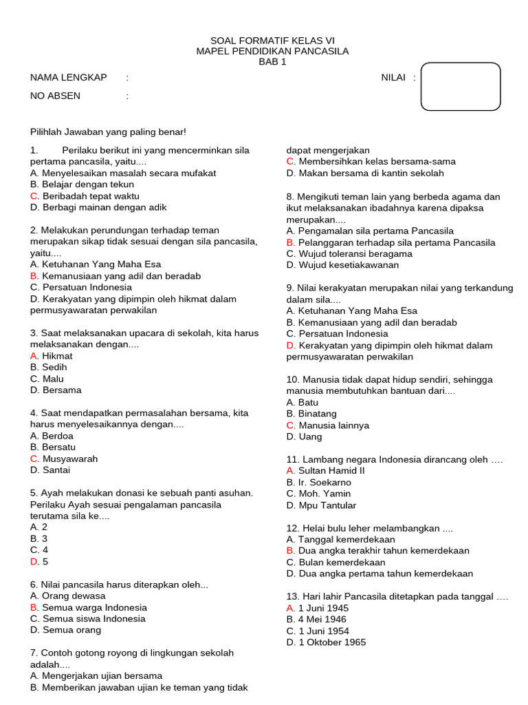 Soal Formatif Kelas Vi PP Bab 1 | PDF