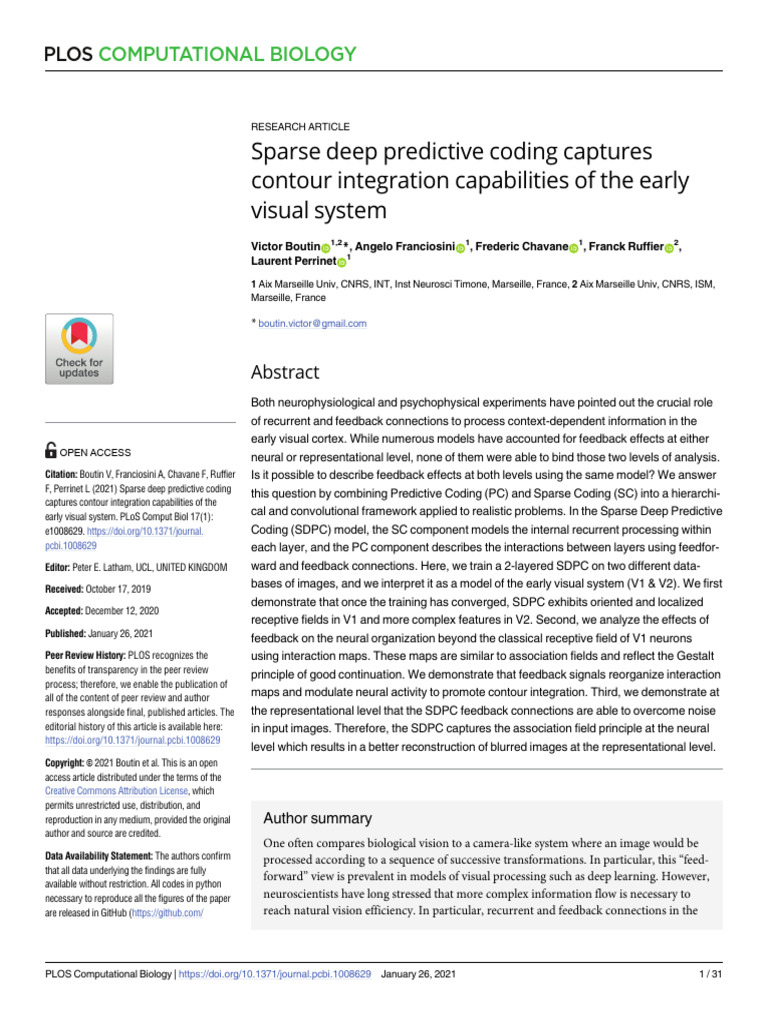 Sparse Deep Predictive Coding Captures Contour Int | PDF