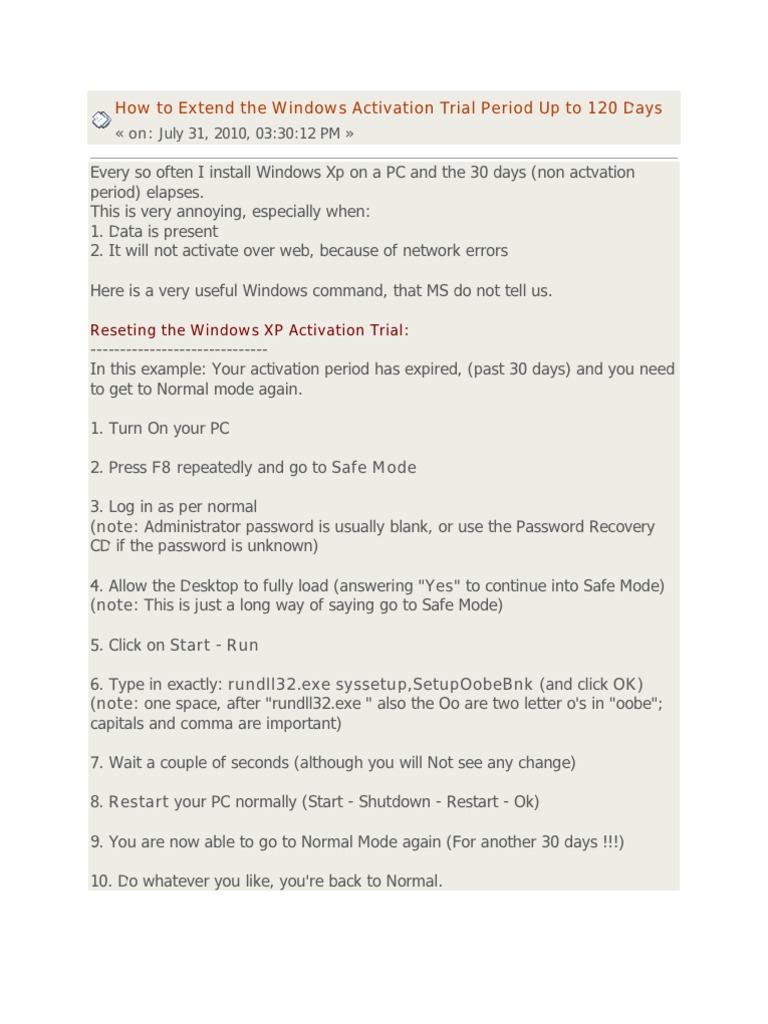How To Extend The Windows Activation Trial Period Up To 120 Days | PDF ...