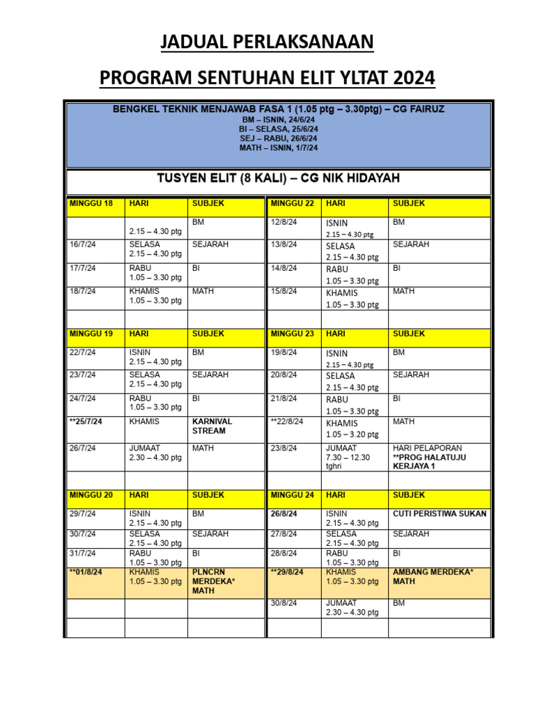 Smkdtho Jadual Program Sentuhan Elit Yltat | PDF