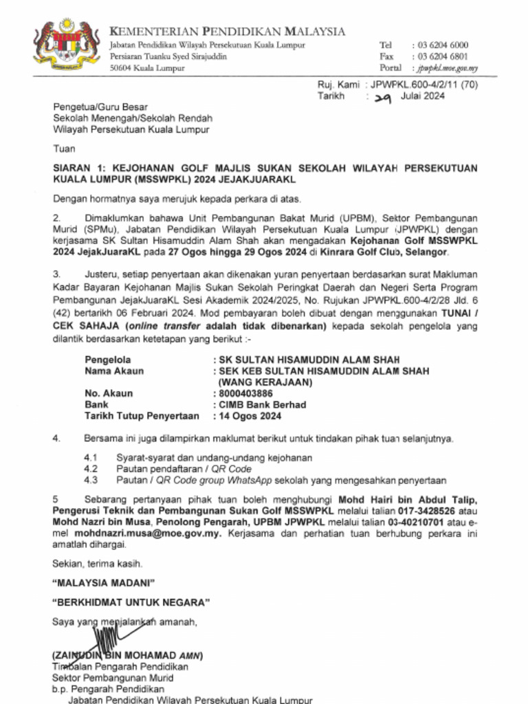 Siaran 1 - Kejohanan Golf MSSWPKL 2024 Jejakjuarakl | PDF