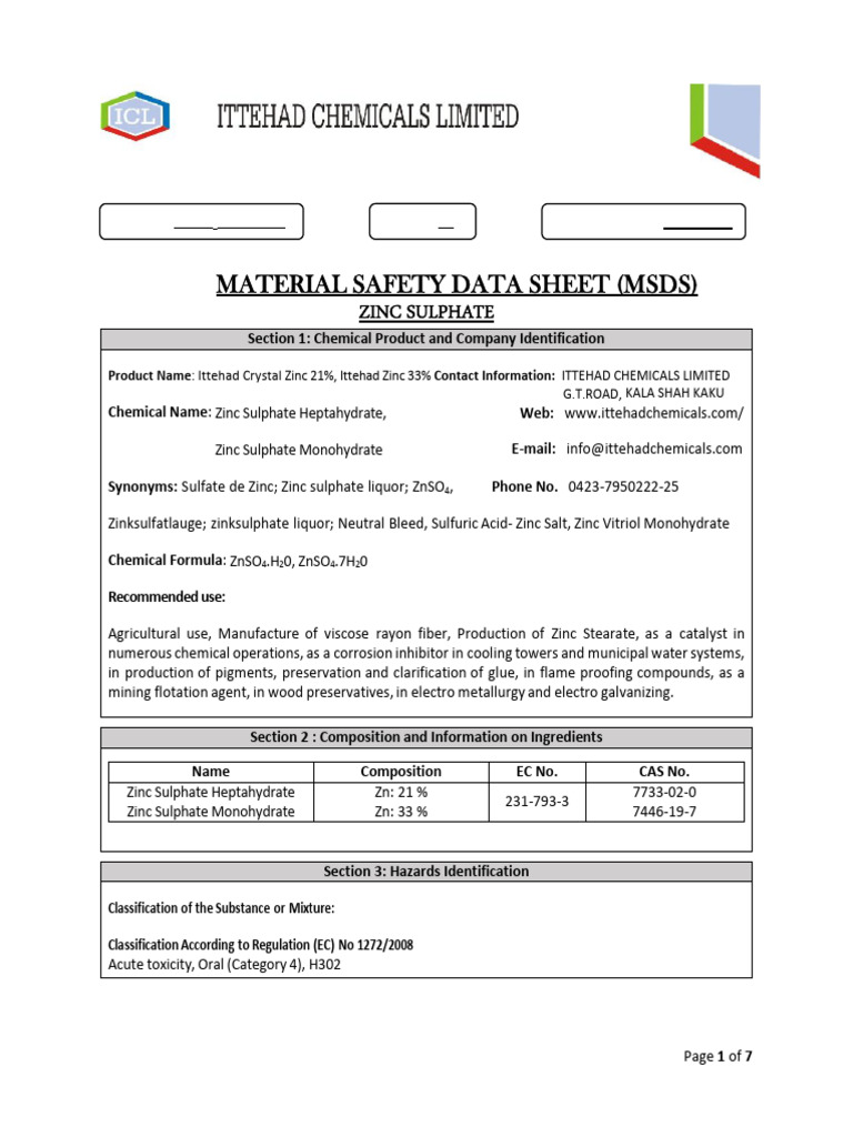 MSDS Zinc Sulphate | PDF
