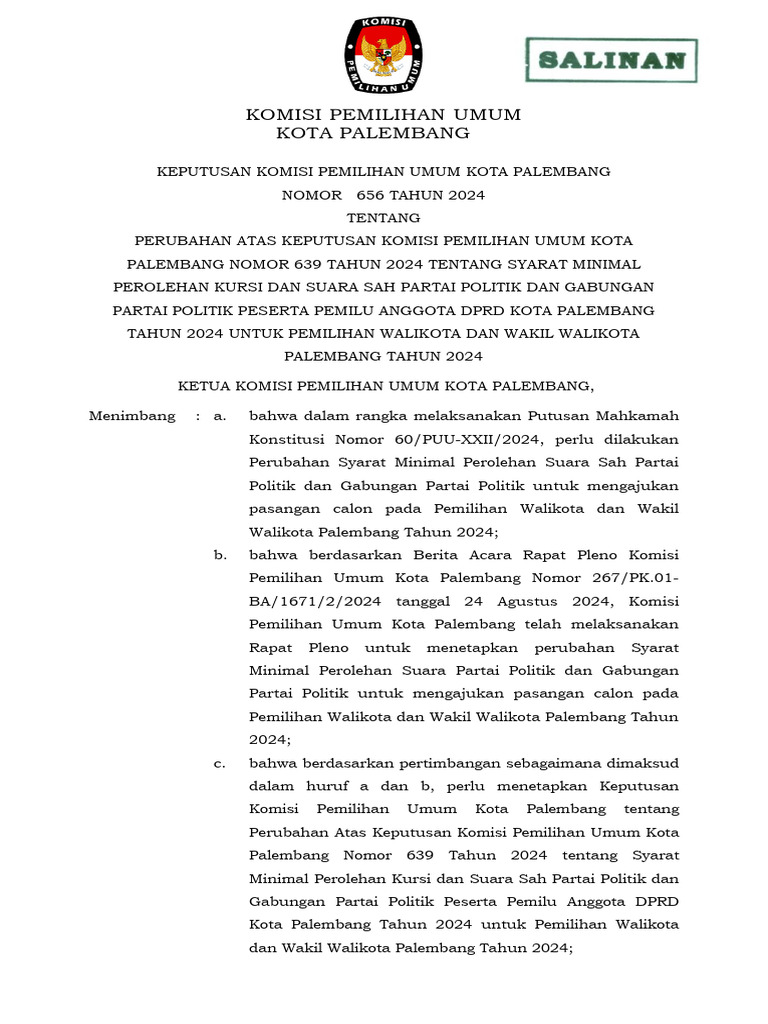 Salinan Keputusan Syarat Minimal Kursi Dan Suara Sah Pilkada ...
