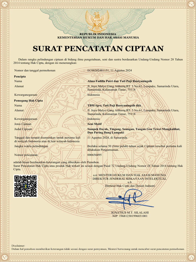 Sertifikat Hak Kekayaan Intelektual Motif Batik | PDF