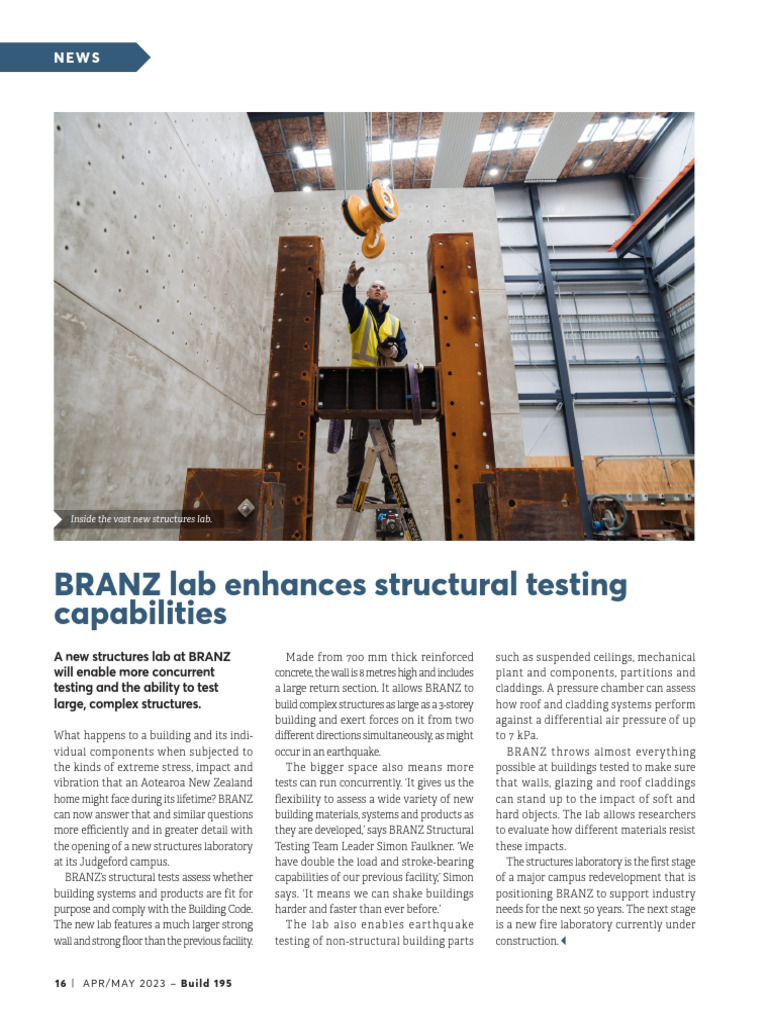 Build 195 16 News BRANZ Lab Enhances Structural Testing Capabilities | PDF