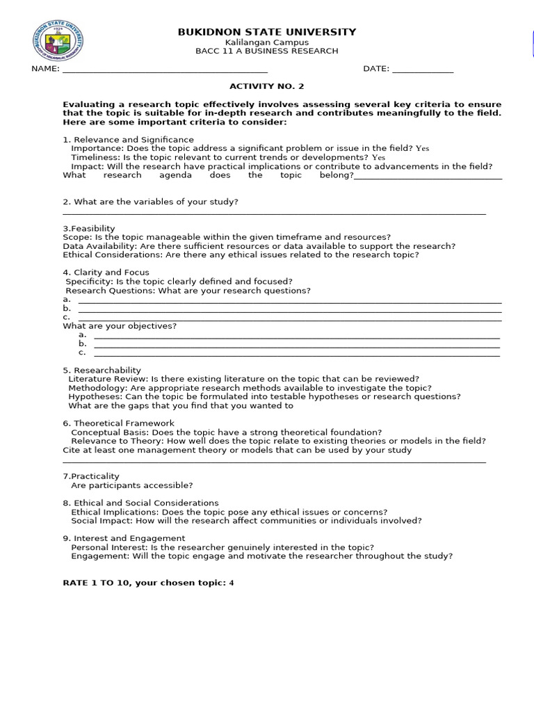 Activity 2 - Evaluating Research Topic | PDF | Theory | Career & Growth