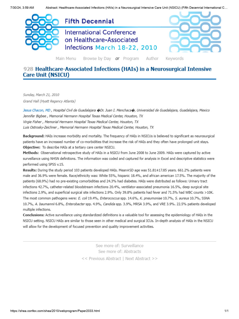 Healthcare-Associated Infections (Hais) in A Neurosurgical Intensive ...