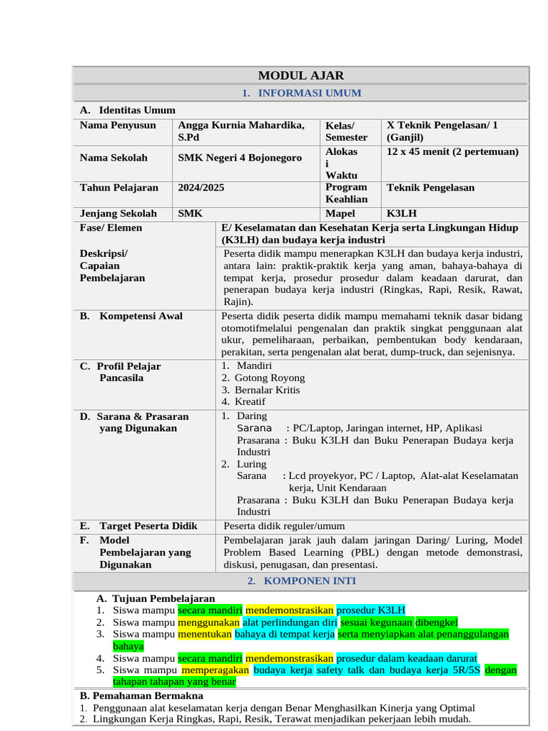 Modul Ajar Kelas X Elemen K3LH Edit | PDF