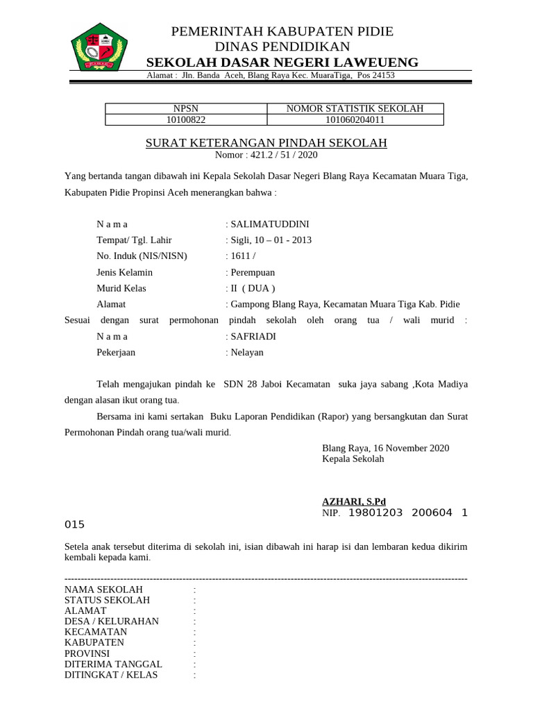Surat Pindah Siswa Pdf