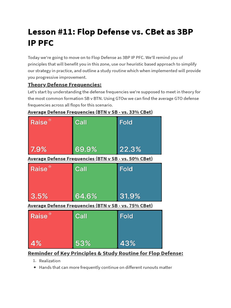Lesson 11 Flop Defense vs. CBet As 3BP IP PFC. | PDF