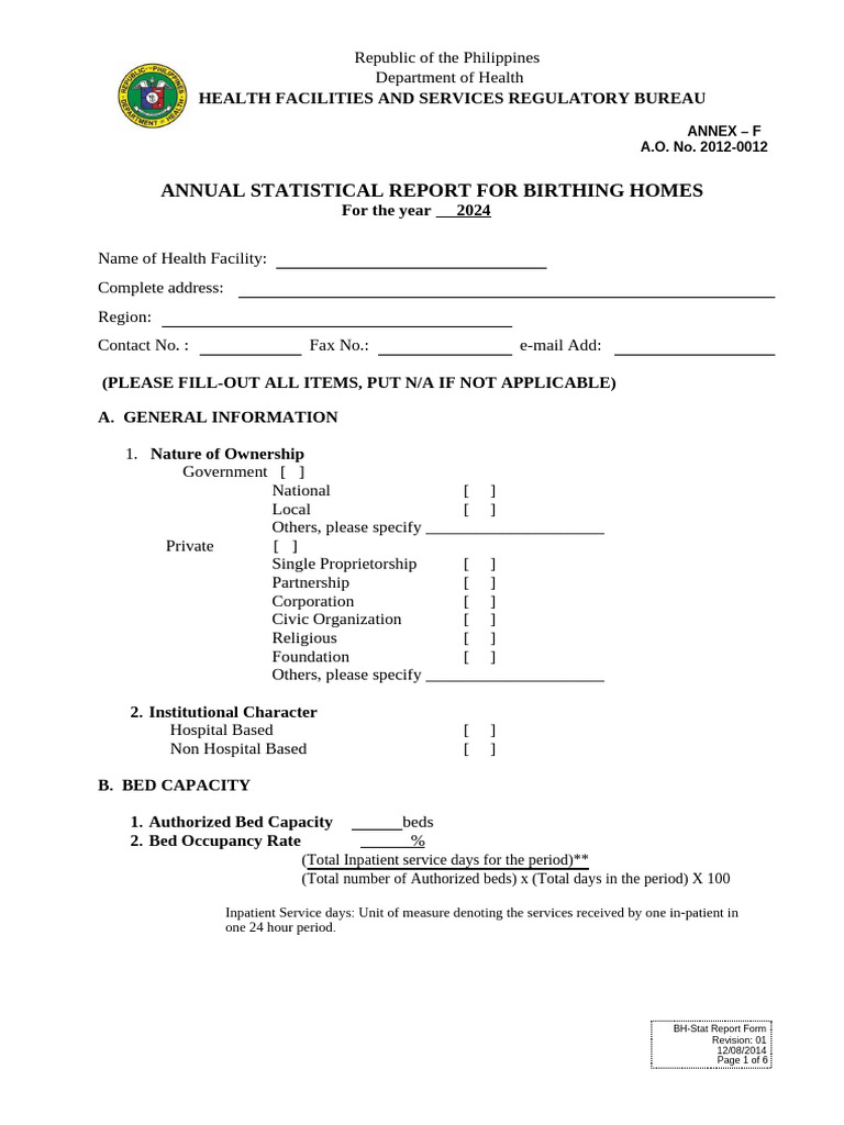 Annual Statistical Report For Birthing Homes | PDF