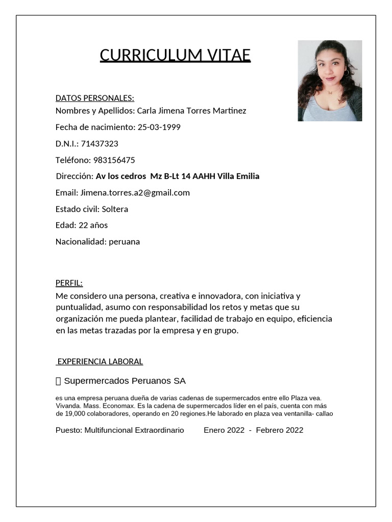 Curriculum Vitae: Av Los Cedros MZ B-LT 14 AAHH Villa Emilia | PDF