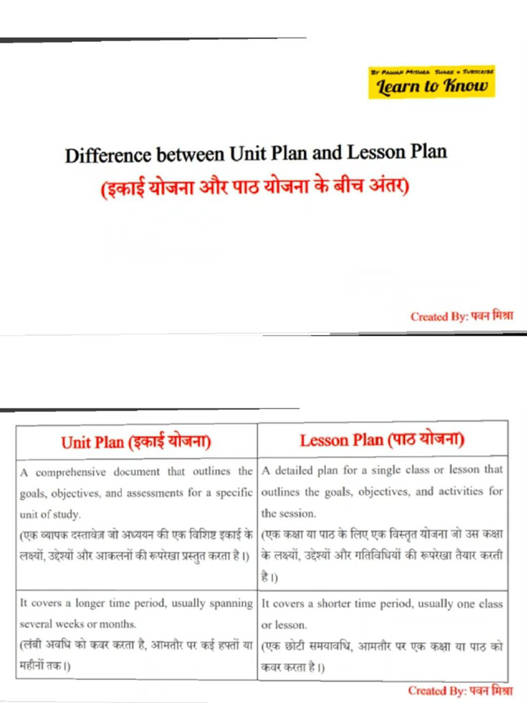 Unit Plan Vs Lesson Plan | PDF