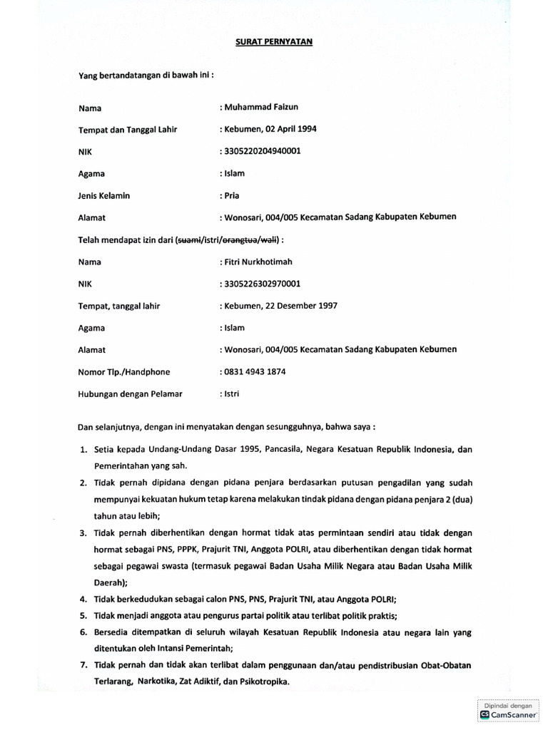 Surat Pernyataan Faizun 24 | PDF