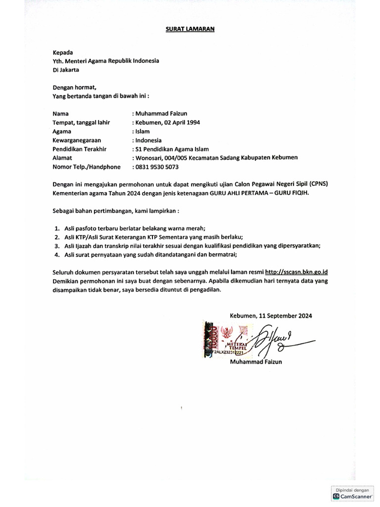 Surat Lamaran Faizun 24 | PDF