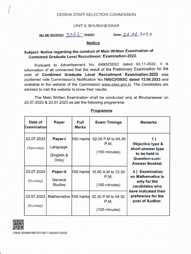 Notice Regarding Conduct of Main Written Exam of Cgl-2022 | PDF