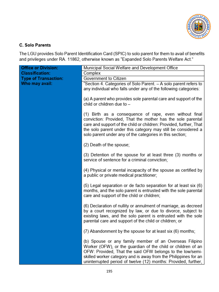 Issuance of Identification Cards SOLO PARENT | PDF