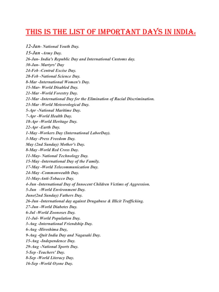 List of Important Days in India | PDF | Smoking | Natural Environment