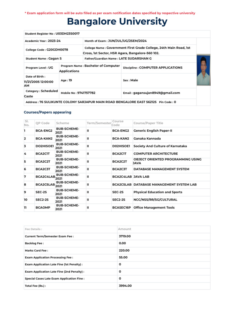 Bangalore University: Courses/Papers Appearing | PDF