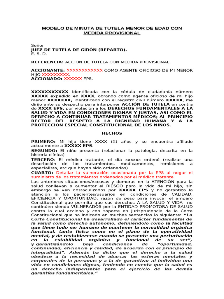 Modelo de Minuta de Tutela Menor de Edad Con Medida Provisional | PDF