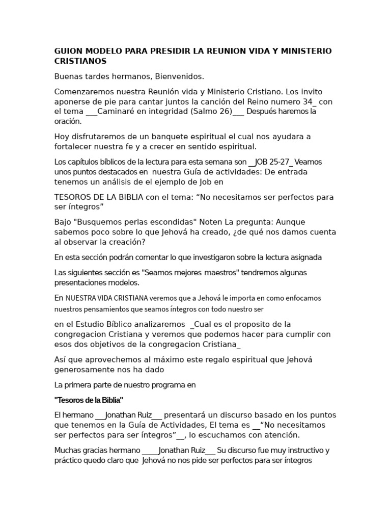 Guion Modelo para Presidir La Reunion Vida Y Ministerio Cristianos | PDF