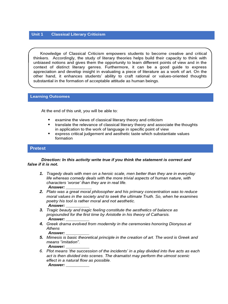 Literary Criticism UNIT 1 UNIT 2 UNIT 3 | PDF