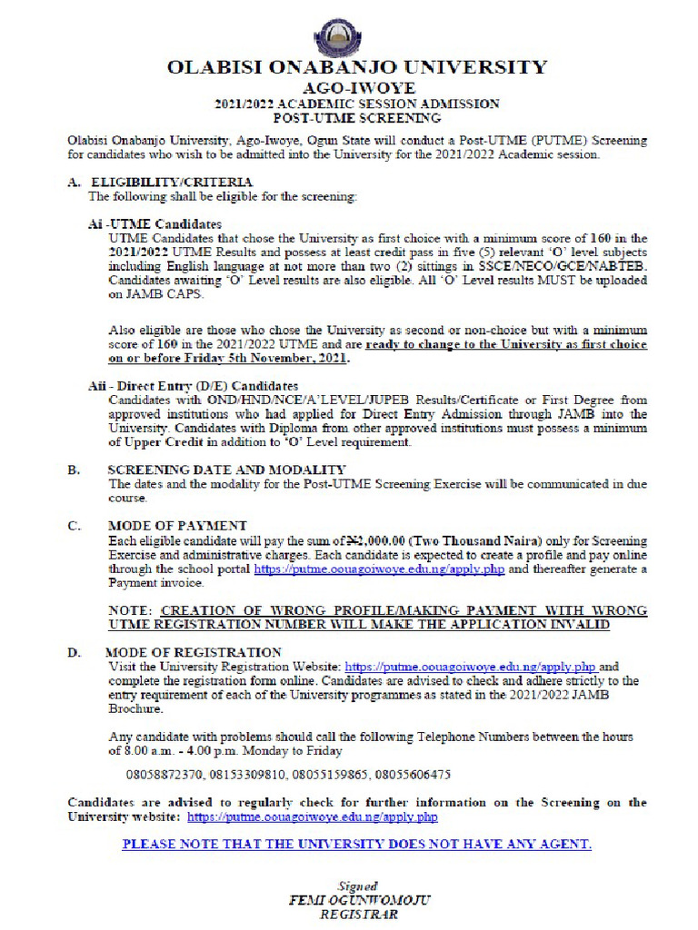 2021 Oou Post Utme Advert | PDF