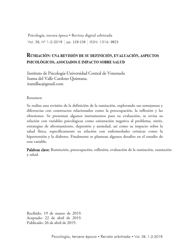 Rumiación Una Revisión de Su Definición, Evaluación, Aspectos | PDF