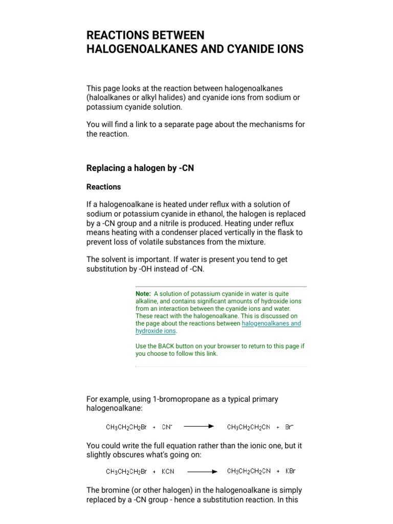 Halogenoalkanes (Haloalkanes) and Cyanide Ions | PDF