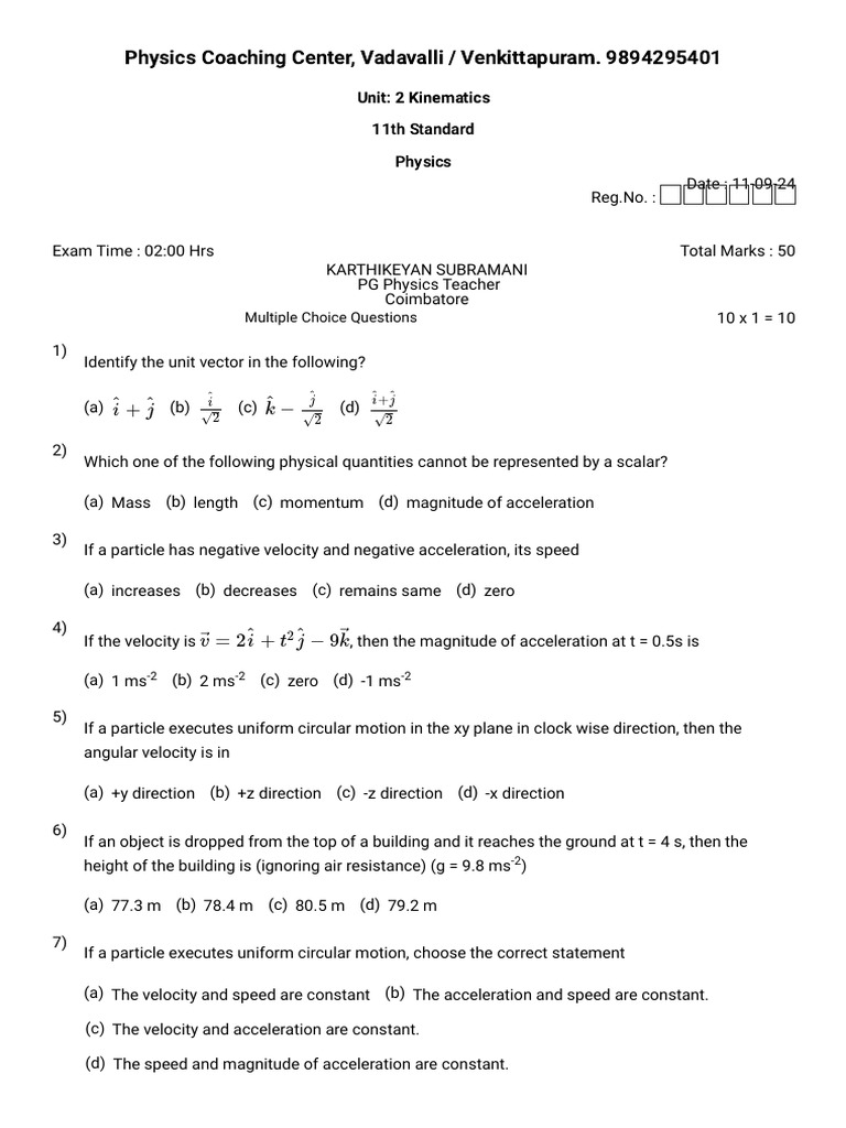 SKN - PCC - Class 11 Physics - Unit 2 Kinematics | PDF | Velocity ...
