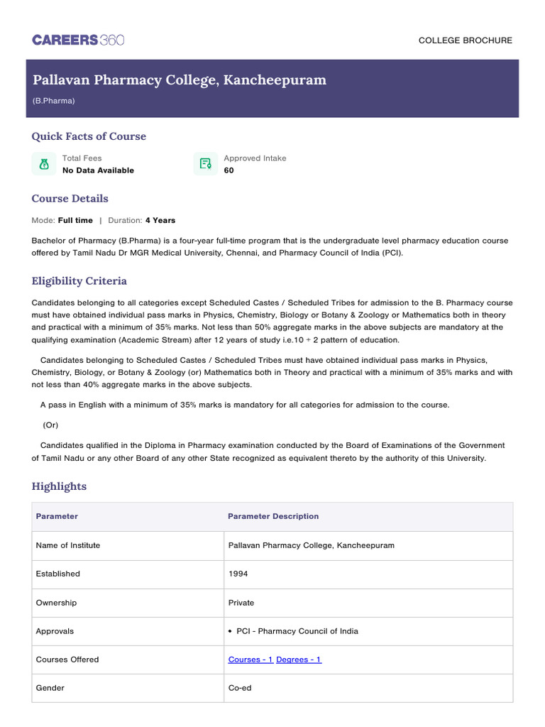 B.pharma-Pallavan Pharmacy College, Kancheepuram - Admission-Details ...