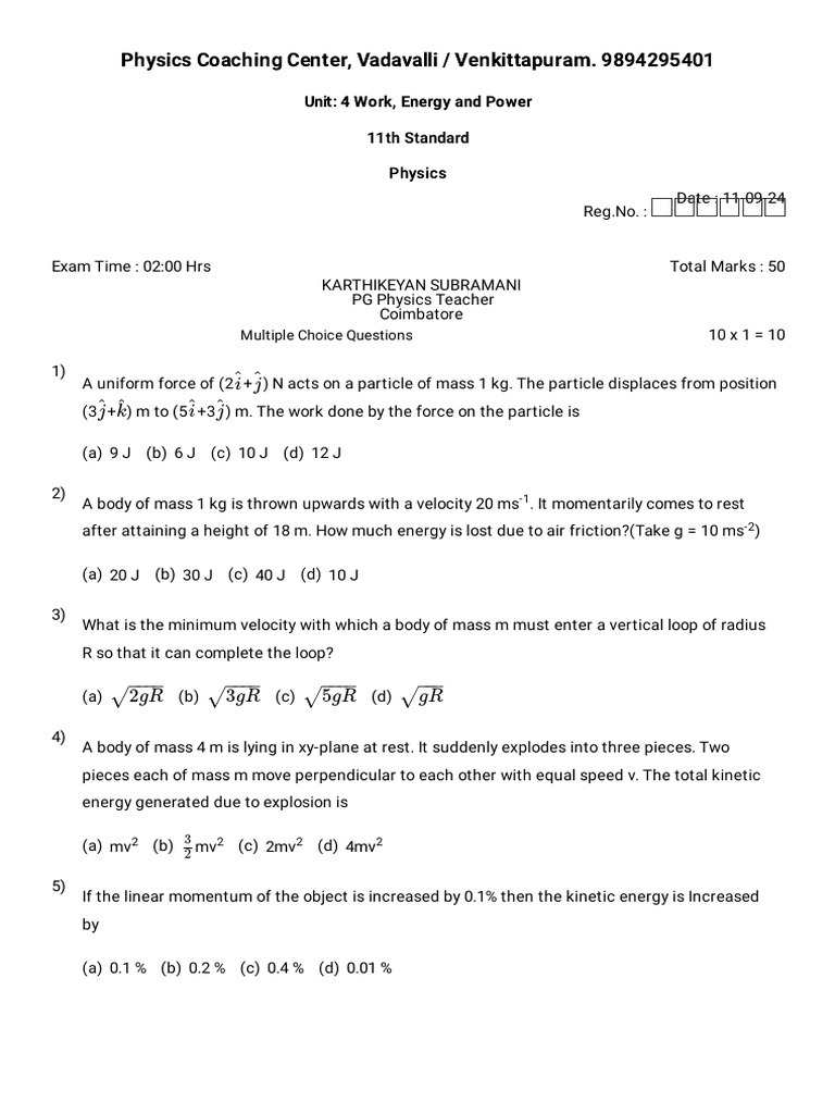 SKN - Class 11 Physics Unit 4 Work, Energy and Power | PDF | Collision ...