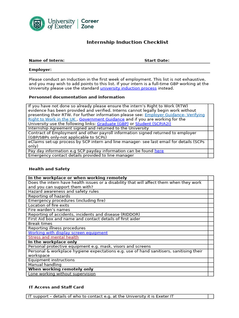 Internship Induction Checklist | PDF