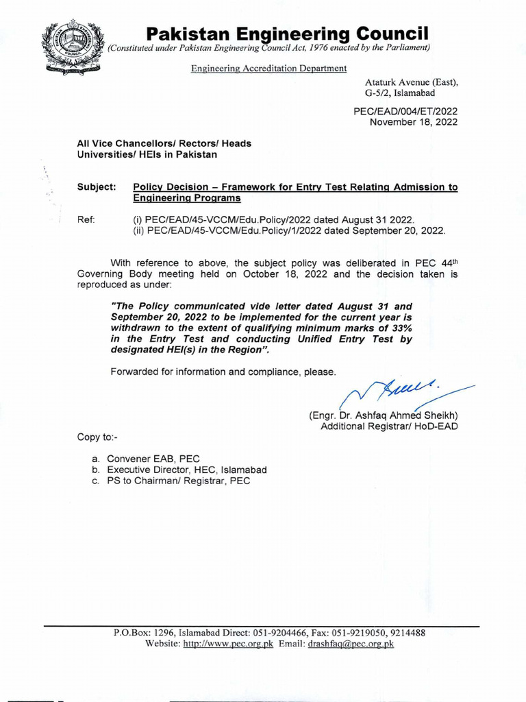 Framework For Entry Test Relating Admission | PDF